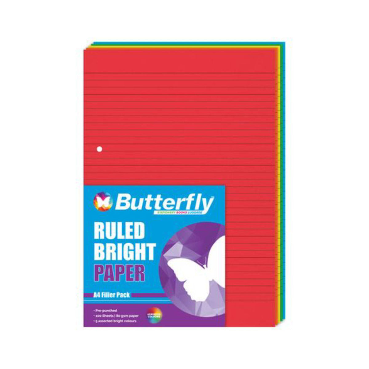 Paper – Butterfly A4 Ruled Bright Assorted Colours, 100 Sheets ...